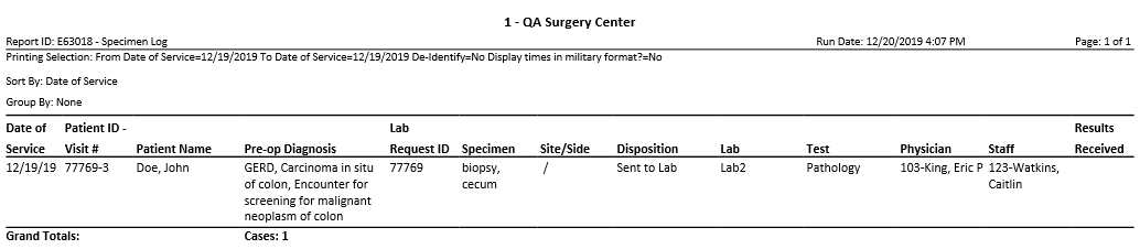 E63018 - Specimen Log