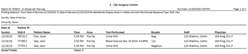 E63017 - In-House Lab Test Log